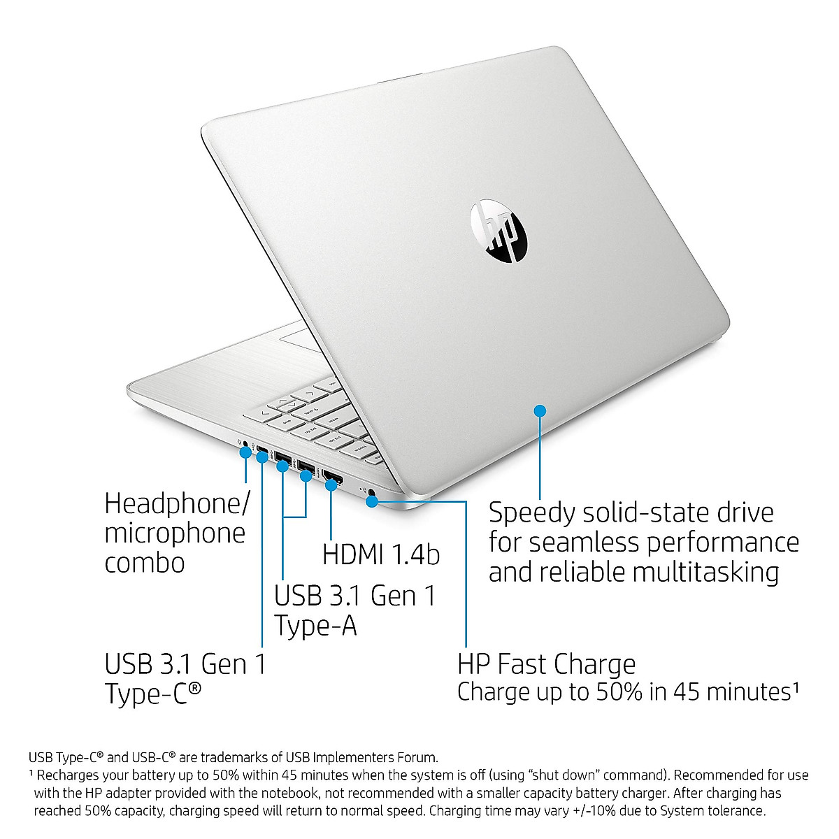 HP 14-inch Laptop, Intel Core i3-1005G1, 4 GB RAM, 128 GB SSD Storage, Windows 10 Home in S Mode (14-dq1020nr, Natural Silver)