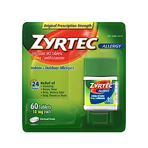 Zyrtec 24 Hour Allergy Relief Tablets, Indoor & Outdoor Allergy Medicine with 10 mg Cetirizine HCl per Antihistamine Tablet, Relief of Allergies, 60 ct