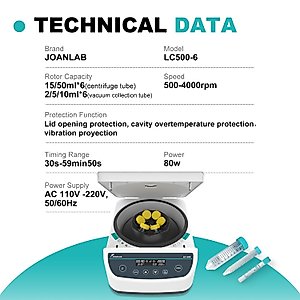JOANLAB Centrifuge Machine 2ml/5ml/10ml/15ml/50ml x 6,Low Speed 500-4000rpm,2146xg RCF Lab Benchtop Centrifuges w/Timer