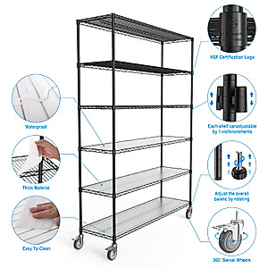 NSF 6 Tier 6000lbs Metal Shelf Wire Shelving Unit, Heavy Duty Adjustable Storage Rack with 5in Wheels and Shelf Liners for Commercial Grade Utility Steel Storage Rack - 18"D x 60"L x 87.5"H - Black