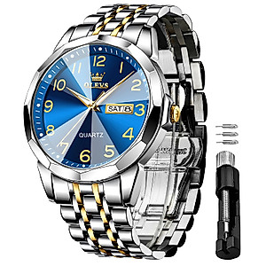 OLEVS Blue Watch for Men Luxury Dress Analog Quartz Silver Stainless Steel Waterproof Luminous Date Diamond Business Two Tone Casual Wrist Watch