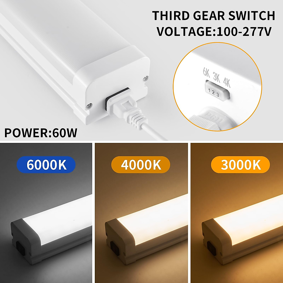 4FT Linkable 60W LED Shop Lights Warm White 3000K 4000K 6000K 6000LM for Garages Shop, Linear Work Light Fixture Hanging or FlushMount with Plug, ETL 2 Pack