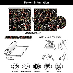 BEETAL Fairytale Forest Boho Mushroom Peel and Stick Wallpaper Dark Black Esay Peel Off Contact Paper Vintage Self Adhesive Removable Stick on Wall Paper for Kitchen Cabinet Furniture Renter Friendly