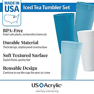 US Acrylic Newport 32 ounce Unbreakable Plastic Stackable Iced-Tea Tumblers in Blue Sky | Set of 12 Drinking Cups | Reusable, BPA-free, Made in the USA, Top-rack Dishwasher and Microwave Safe