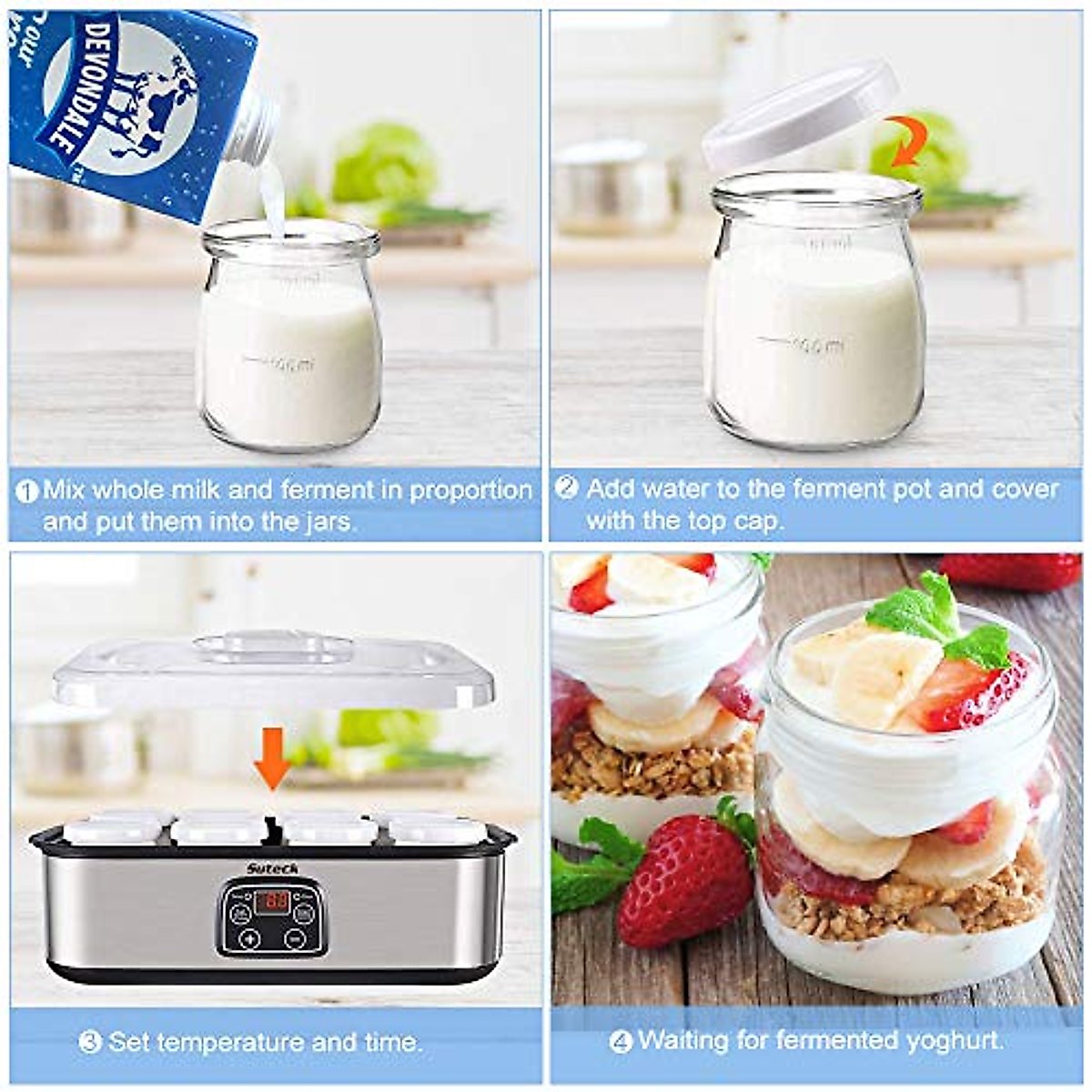 Yogurt Maker Automatic Digital Yoghurt Maker Machine with 8 Glass Jars 48 Ozs (6Oz Each Jar) LCD Display with Constant Temperature Control Stainless Steel Design for Home Use
