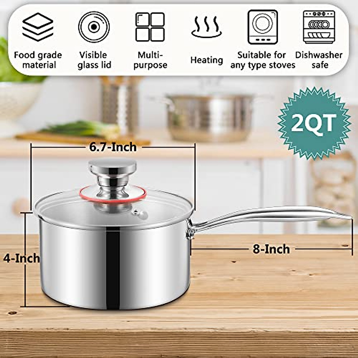 LIANYU 2QT Saucepan with Lid, Triply 18/10 Stainless Steel Sauce Pan with Stay-cool Handle, 2 Quart Induction Saucepan Pot for Cooking Pasta Soup, Small Saucepan with Thick Bottom, Dishwasher Safe