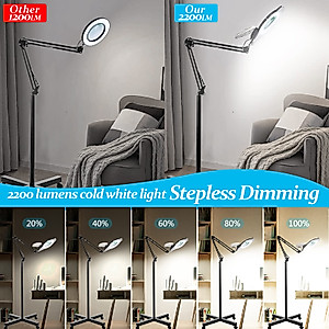 KIRKAS 10X Magniyfing Floor Lamp with 4 Wheel Rolling Base for Estheticians 2,200 Lumens LED Magnifier Lighted Glass Lens, Adjustable Stand & Swivel Arm Floor Lamp for Reading, Crafts, Tasks