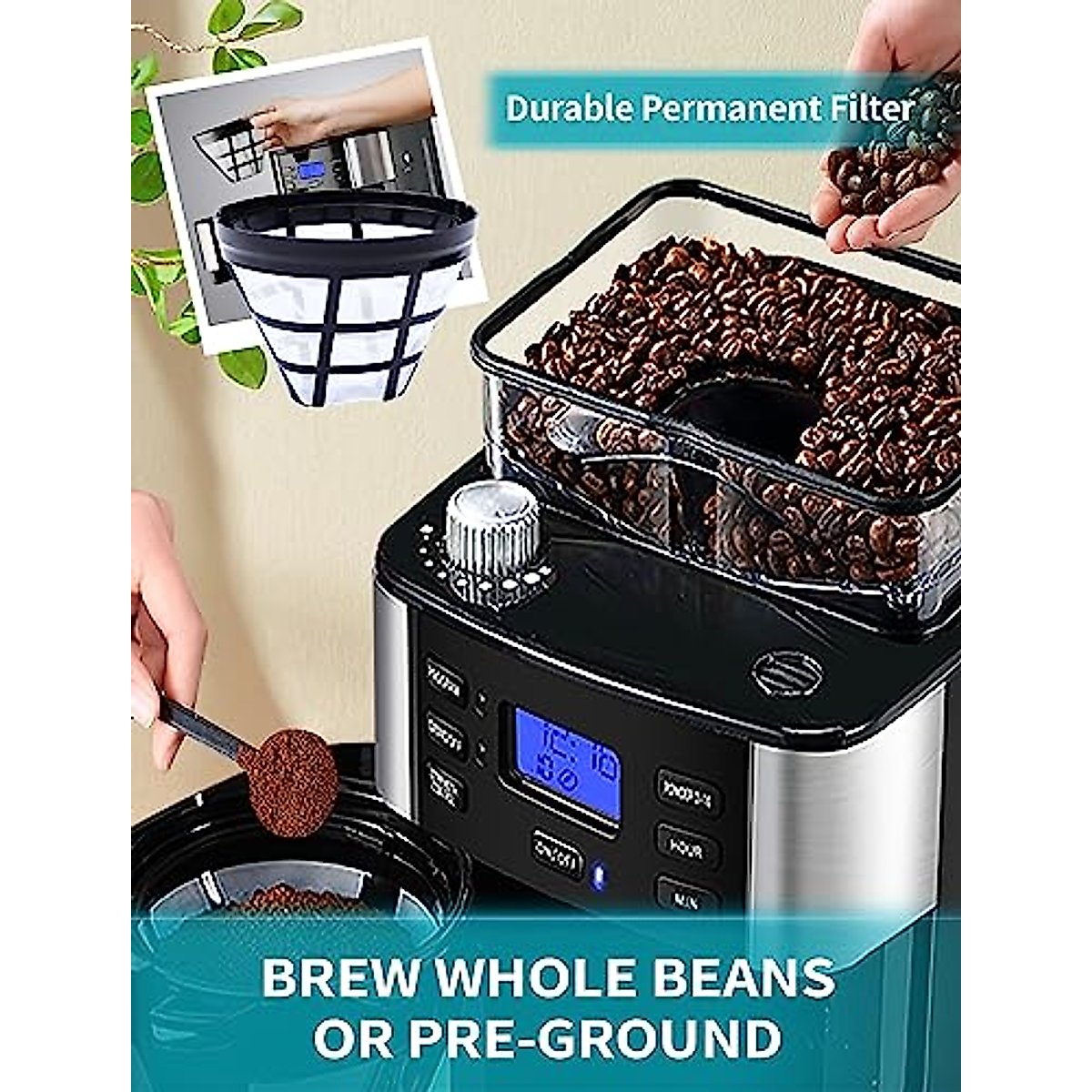 10-Cup Drip Coffee Maker, Brew Automatic Coffee Machine with Built-In Burr Coffee Grinder, Programmable Timer Mode and Keep Warm Plate, 1.5L Large Capacity Water Tank, Removable Filter Basket, 900W