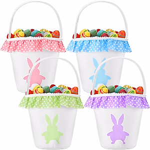 4 Pieces Canvas Easter Basket Bunny Easter Baskets for Kids Candy Egg Bags Fluffy Tails Printed Easter Bucket Cute Personalized Kids Basket Rabbit Bunny Easter Basket Tote for Carrying Presents Eggs