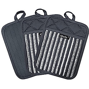 Alselo Silicone Pot Holders Set of 3 Heat Resistant & Non Slip Potholders, Professional Oven Hot Pads with Pockets Mitts for Kitchen Cooking Baking Barbecue