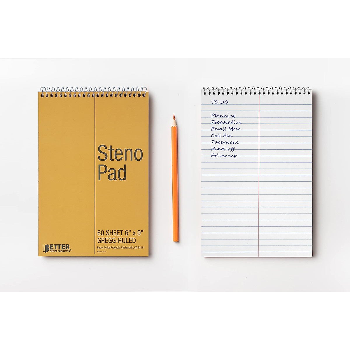 Better Office Products Spiral Steno Pads, 8 Pack, 6 x 9 inches, 60 Sheets, White Paper, Gregg Rule, Natural Board Cover, 8 Steno Notebooks