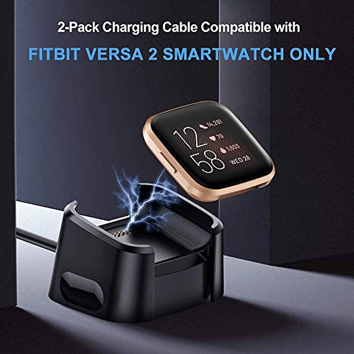 QIBOX Charger Compatible with Fitbit Versa 2 (Not for Versa/Versa Lite), 2-Pack Replacement USB Charging Cable Dock Stand for Versa 2 Health & Fitness Smartwatch, 3Ft Sturdy Power Cord