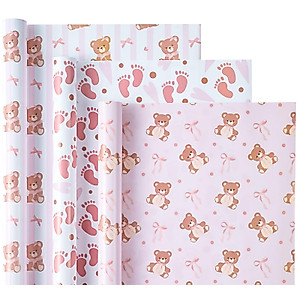 WRAPAHOLIC Baby Shower Wrapping Paper Roll - Mini Roll - 3 Rolls - 17 Inch X 120 Inch Per Roll - Butterfly Girl, Little Bear, Moon, Stripe Design for Kids