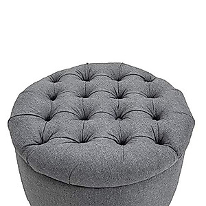 HOMCOM Round Linen-Touch Fabric Storage Footstool Ottoman Button Tufted Footrest with Removable Lid, Grey