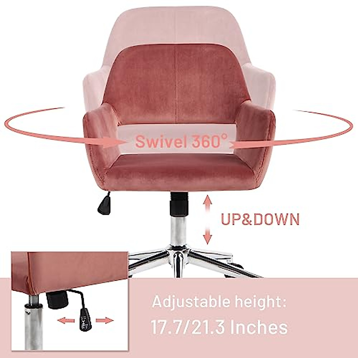 FurnitureR Velvet Home Office Chair, Mid Back Desk Chairs with Rolling Wheels, Adjustable Task Chair for Living Room, Bedroom, Make-up, Studying, Small Spaces - Rose