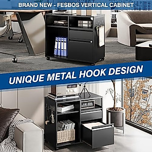 Fesbos Metal File Cabinet with Shelves & 2 Lockable Drawers - Home Office Black Lockable Lateral Filing Cabinet for Hanging Files Letter/Legal/F4/A4 Size - Assembly Required