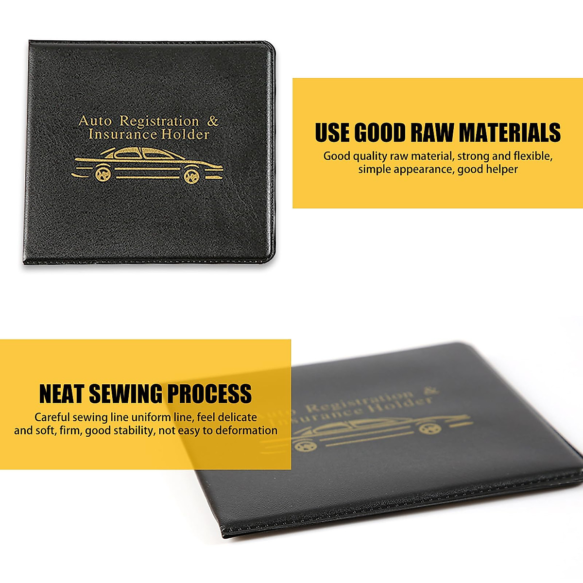 GKmow 2 PCS Car Registration Insurance Card Holder, Document Holder, PU Leather Case for ID, Driver's License, Key Contact Information Cards, Vehicle Paperwork Organizer (Black & Yellow)