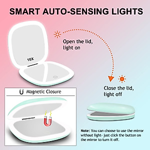 merifun LED Lighted Compact Makeup Mirror, Travel Magnifying Mirror 1x/10x - 56 LED Lights, Touch Sensor, 3 Colors Lights & Brightness Dimmable- Magnetic Closure, Rechargeable (Aqua)