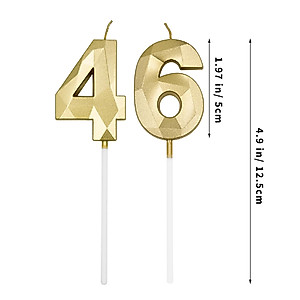 46th & 64th Birthday Candles for Cake, Gold Number 46 64 3D Diamond Shaped Candle Birthday Decorations Party Supplies for Women or Men