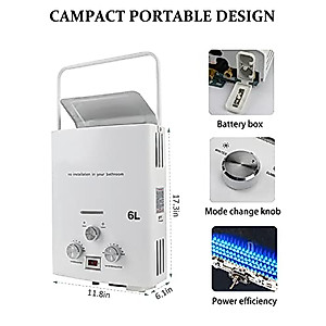 QXCSF 1.58GPM Outdoor Tankless Water Heater, 6L Portable Instant Propane Gas Water Heater for RV Camping, 3.5PSI Water Pressure To Ignite, All Season Usable, Safety Protection