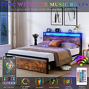 Anwick Queen Bed Frame with Storage Headboard and 2 Drawers, LED Lights Bed with Charging Station, Metal Platform, Non-Slip Without Noise, Metal Slats Support, No Box Spring Needed (Brown, Queen)