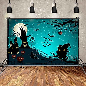 MOONDECO Photography Backdrop 7x5ft Halloween Party Props Black Tree Spider Owl Shadow Background Kids Pumpkin Lamp Ghost Fire Fly Bat Photo Booth