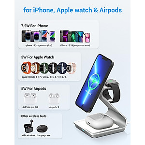 3 in 1 Wireless Charger for MagSafe, Aluminum Alloy Wireless Charging Station, Compatible with iPhone 14/13/12, Apple Watch, AirPods Pro/3/2 (Cable and Wall Charger Included) Silver