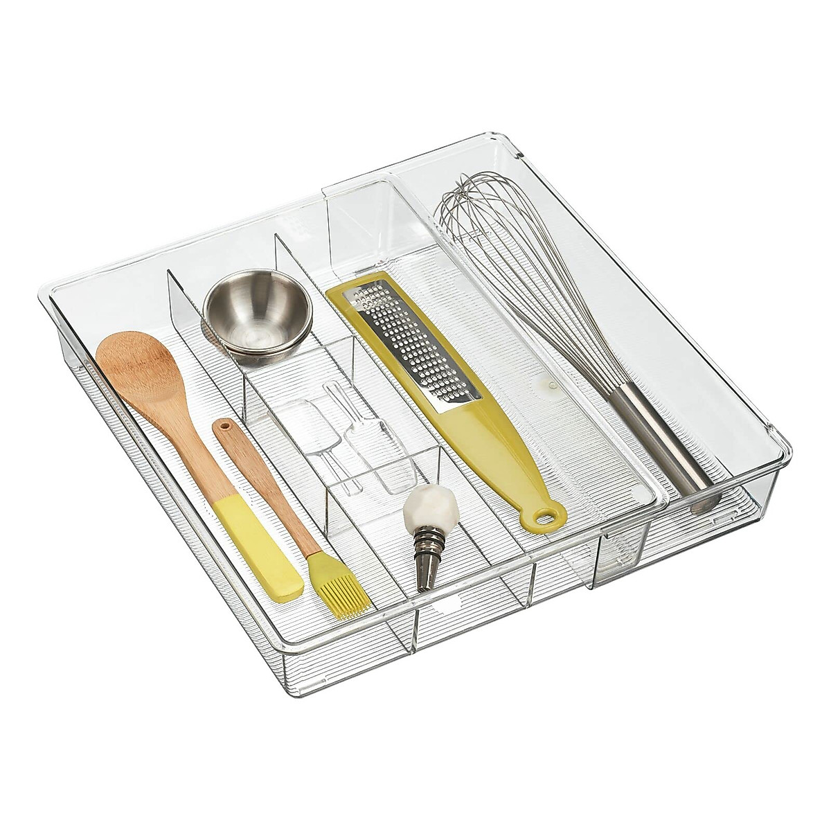 mDesign Adjustable, Expandable Plastic In-Drawer Utensil Organizer Tray Deep 5 Section Divided for Kitchen Organization; Holds Cutlery, Flatware, Silverware, Cooking Utensils, Ligne Collection, Clear