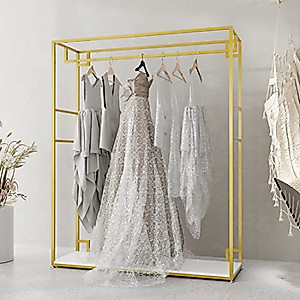HOMEKAYT Gold Clothing Racks with Shelves, Weeding Dress Retail Clothes Rack,Freestanding Rack, Shoes Bags Clothes Organizer Garment Rack (59" L)