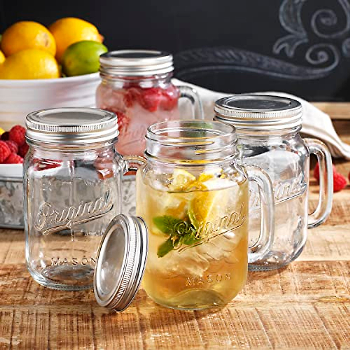 Mason Jar 16 Oz. Glass Mugs with Handle and Lid Set Of 4 - Home Essentials & Beyond - Old Fashioned Drinking Glass Bottles Original Mason Jar Pint Sized Cup Set.