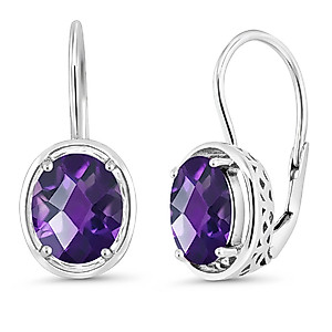 Gem Stone King 925 Sterling Silver Purple Amethyst Dangle Earrings For Women | 3.00 Cttw | Gemstone Birthstone | Oval Checkerboard 9X7MM