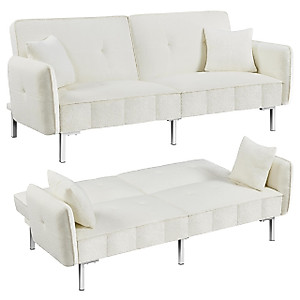Topeakmart Futon Sofa Bed Split-Back Sleeper Sofa with Removable Armrest Sturdy Metal Legs 3 Angles Adjustable Couch Settee for Apartment/Living Room/Office Ivory Bouclé