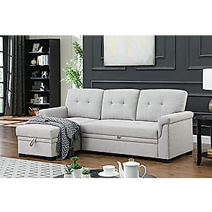 RITSU L-Shape Reversible Linen Fabric Sleeper Sectional Sofa with Storage Chaise, Light Gray Corner Couch with Arms for Living Room, Home Furniture, Apartment, Dorm
