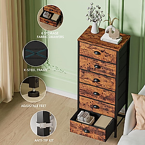 Furnulem Tall Dresser with 6 Drawers,Vertical End Table and Nightstand for Bedroom,Industrial Dorm Bedside Furniture with Fabric Storage Drawer Organizer in Living Room,Closet,Entryway(Rustic Brown)
