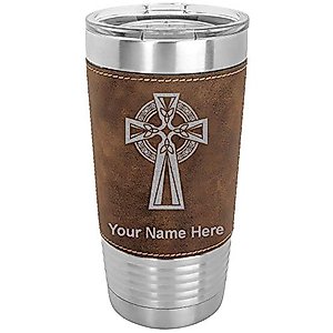 LaserGram 20oz Vacuum Insulated Tumbler Mug, Celtic Cross, Personalized Engraving Included (Faux Leather, Rustic)