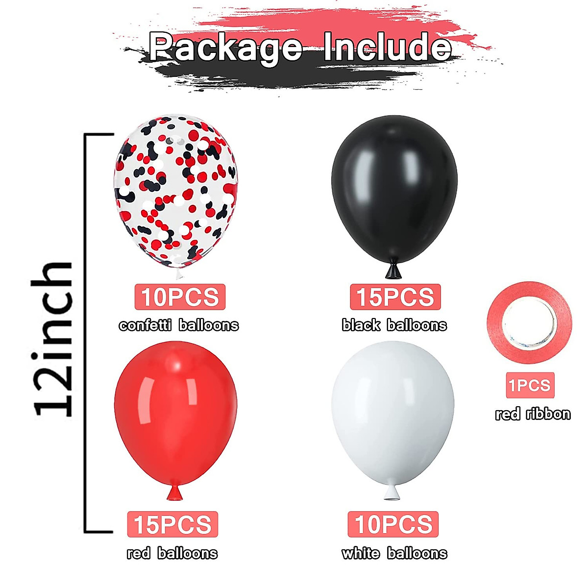 Red and Black Latex Balloons, 50 Pack 12 inch Black White Red Confetti Party Balloons with Ribbons for Birthday Graduation Wedding Bridal Shower Party Decoration