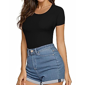 MANGOPOP Short Sleeve Body Suits Women Round Neck Bodysuits for Women Ribbed Bodysuit Shirts