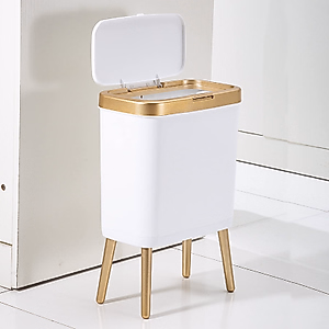 URALFA 4 Gallon Bathroom Trash Can with Lid, Slim Garbage Can with High Foot, Dog Proof Trash Bin with Press-TOP, Modern White and Gold Trash Can for Bedroom, Kitchen, Living Room, Toilet (White)