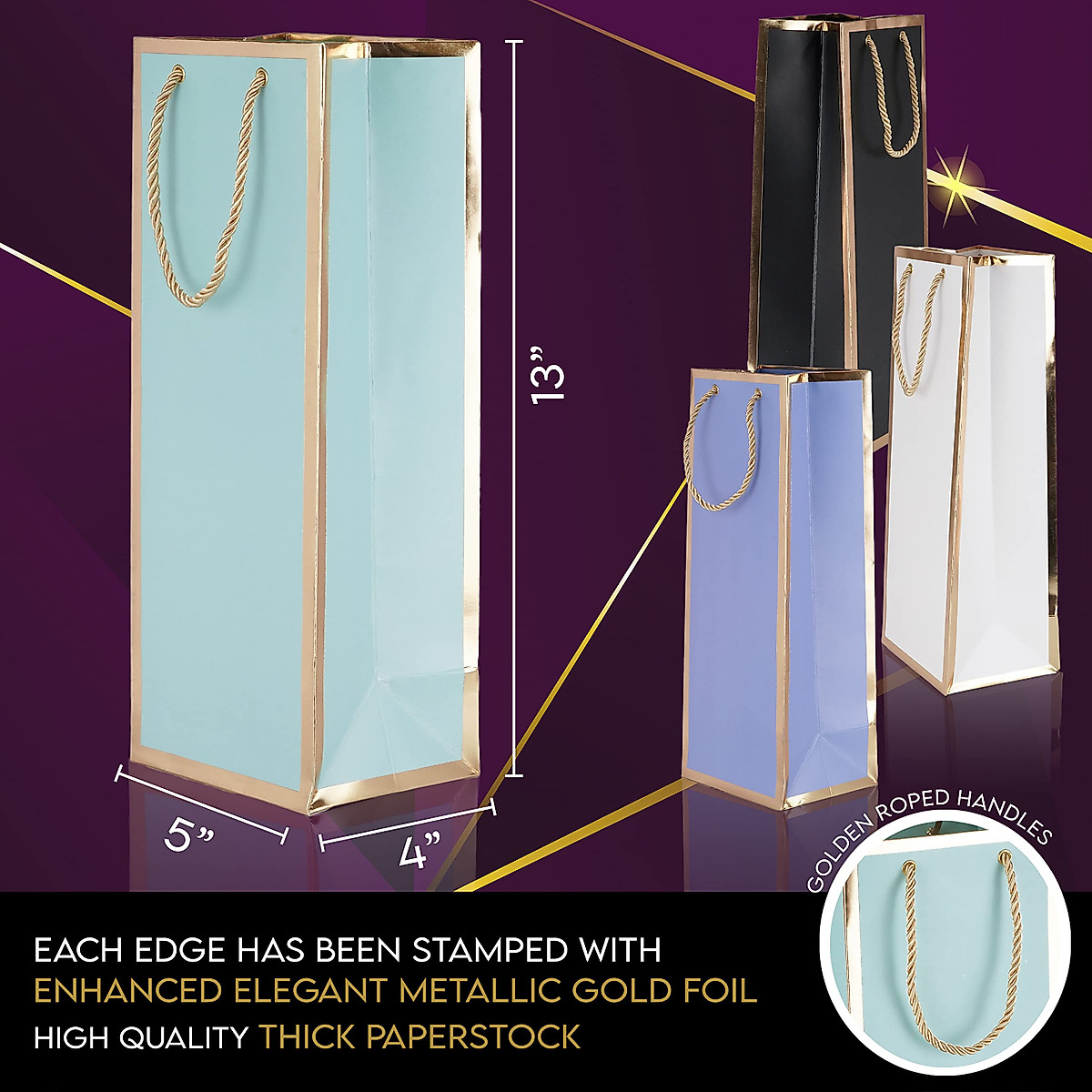 Wine Gift Bags 12 Pack - Reusable 4 Colors With Gold Foil Print Design with Soft Handles