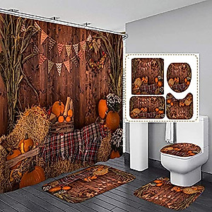 4Pcs Rustic Banner Pumpkins Farmhouse Shower Curtain Set with Non-Slip Rugs, Toilet Lid Cover Bath Mat, Pumpkins Maple Leaves Shower Curtain with 12 Hooks for Bathroom (Rustic Banner Pumpkins)