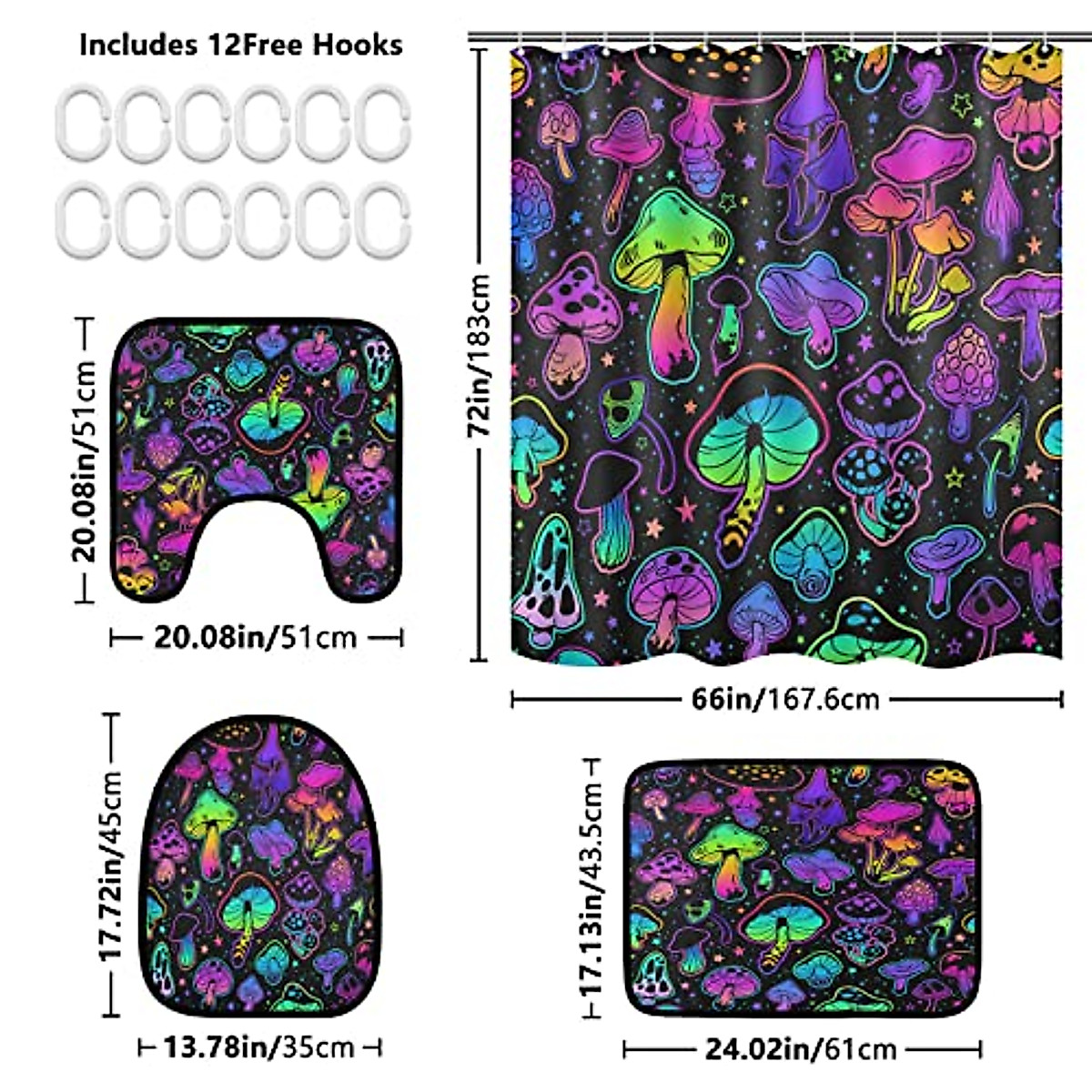 4PCS Bright Psychedelic Mushrooms Shower Curtain Set with Non-Slip Rugs, Toilet Lid Cover and Bath U-Shaped Mat, Bathroom Decor Set Accessories Waterproof Shower Curtain Sets with 12 Hooks
