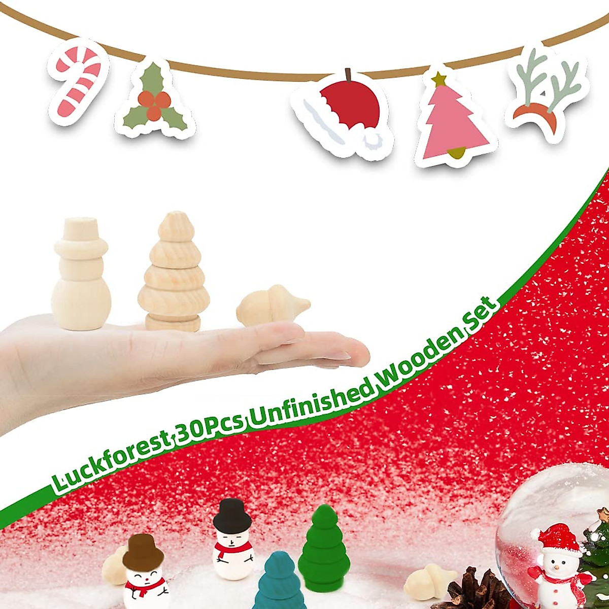 Luckforest 30Pcs Unfinished Wooden Set, Snowman Dolls Craft Christmas Tree Acorns Blank DIY Wooden Natural Wooden Xmas Tree for Crafts Arts Drawing Christmas Decor