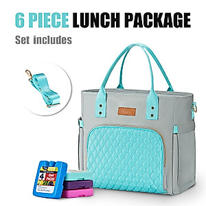 Yitote Cute Lunch Bag with Bottle Holder For Women Insulated with 4 Icepacks, ,Lunch Box with Adjustable Shoulder Strap For Work (Green Gray)