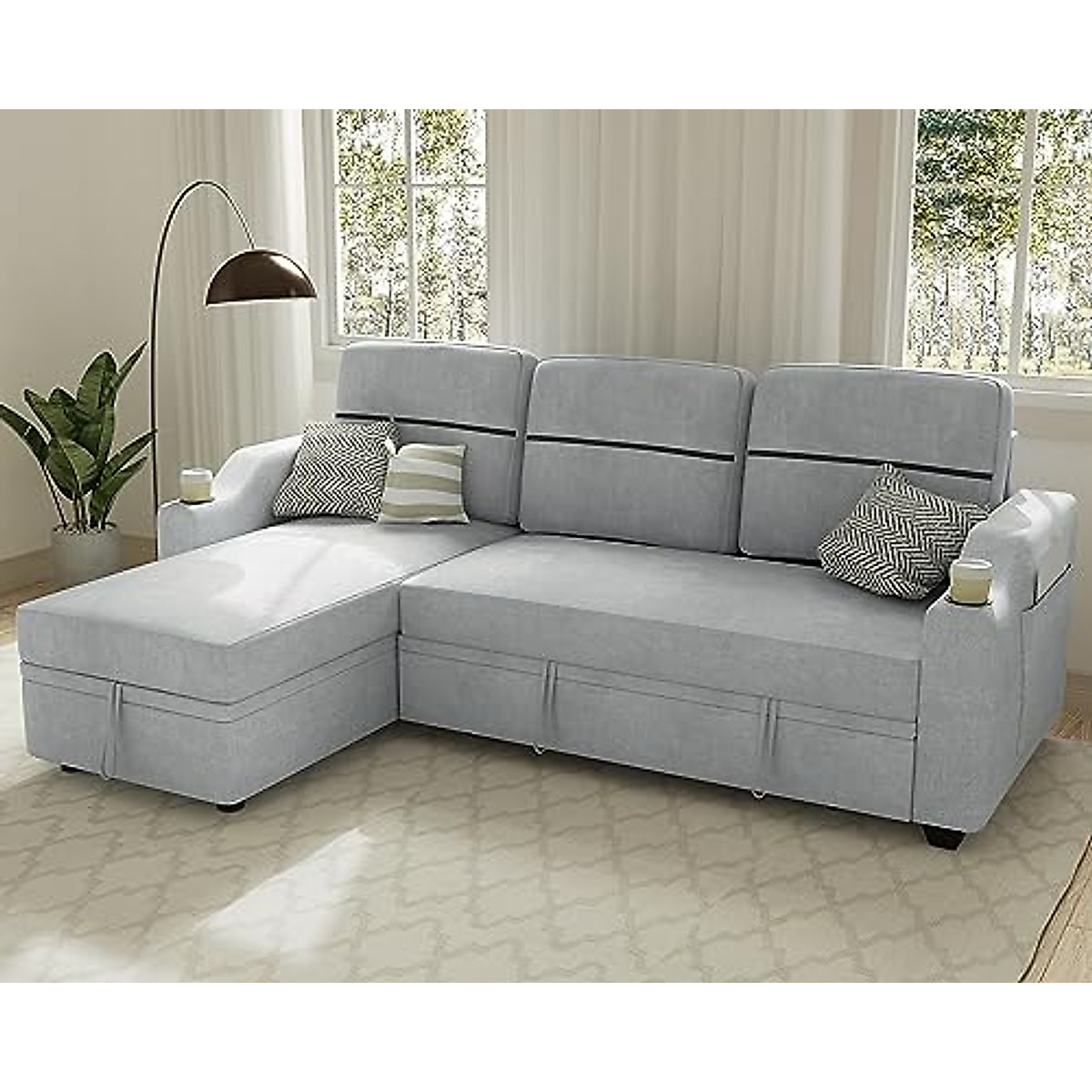 Ucloveria Sectional Sofa Couch, 82" Sleeper Sofa Bed with Reversible Storage Chaise Pull Out Couch Bed for Living Room L-Shape Lounge 2 in 1 Futon Sofa with Two Cup Holder, Grey