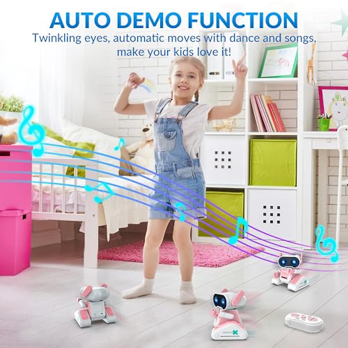 STEMTRON RC Robot Toys for Kids, Rechargeable Remote Control Robot Toy for Boys & Girls, with Auto Demo, Dance Moves, Music, Shining 7 Colors LED Eyes & Flexible Head, Ears & Arms