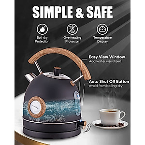 Electric Kettle, Talafa 1.7L / 1500W Electric Tea Kettles for Boiling Water, Stainless Steel Hot Water Boiler with Thermometer, Auto Shut-off & Boil-Dry Protection, Anti-scald Wood Handle, Black