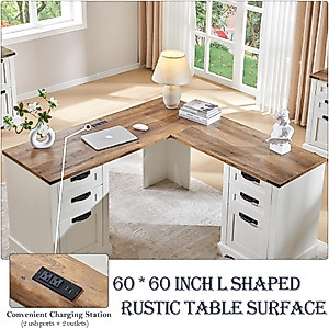 RedLemon 60" Farmhouse L Shaped Executive Desk with Drawers, Wood Home Office Corner Desk with Charging Station, File Drawer, Storage Cabinet, Rustic Computer Writing Desk (Antique White)