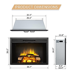 LegendFlame® Damon 35" W Electric Fireplace Insert with Glass Door and Mesh Screen (EF264B), Fireplace Heater 750/1500W, Fire Crackling Sound, Remote Control.