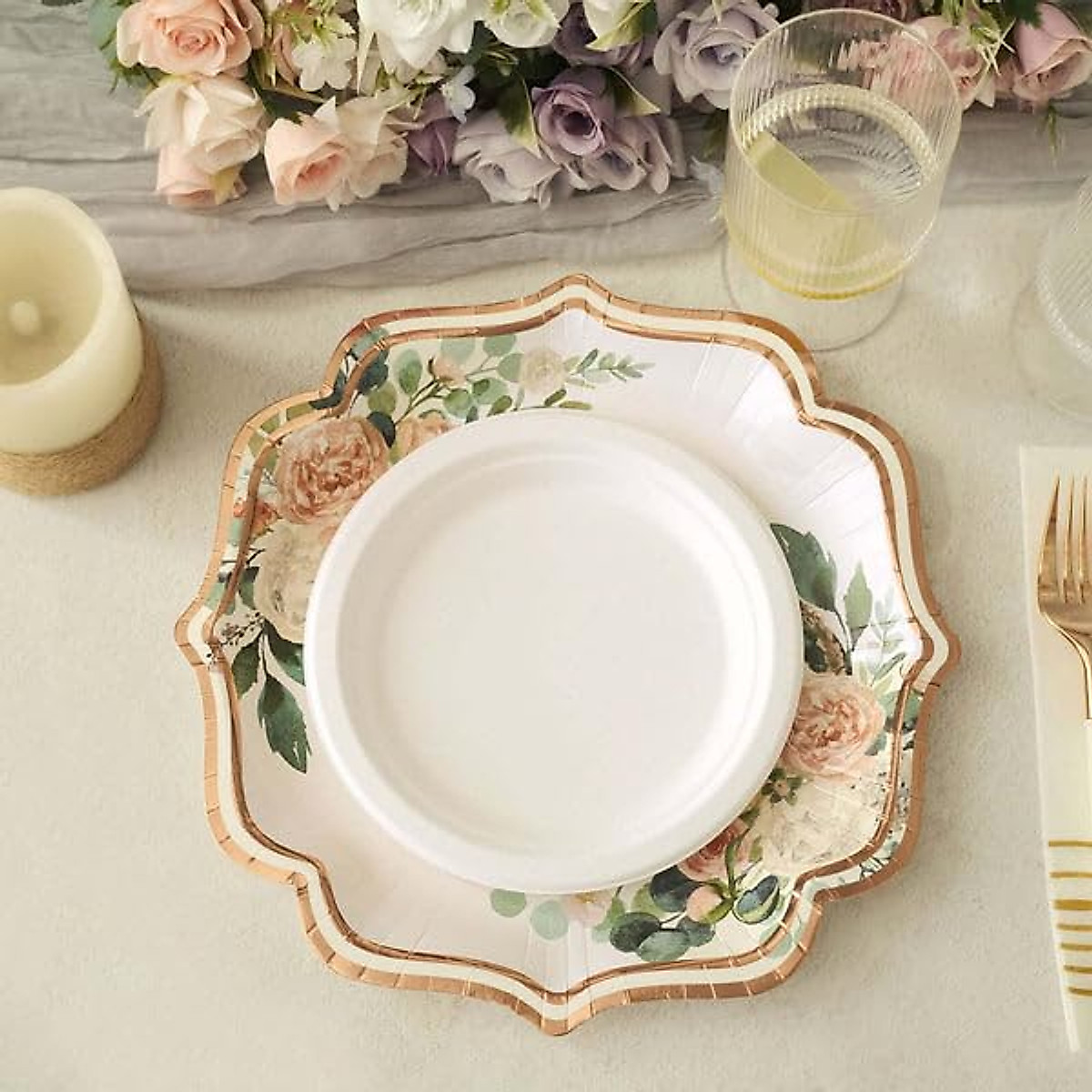 Tableclothsfactory 25 Pack | Floral 10" Scallop Rim Dinner Party Paper Plates, Disposable Plates - 300 GSM