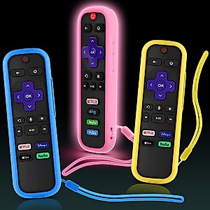 SOTATOO (3 Pack) Case for Roku Remote, Cover for Hisense/TCL Roku TV Steaming Stick/Express, Silicone Universal Protective Controller Sleeve Skin Glow in The Dark Pink Yellow Blue with Lanyards